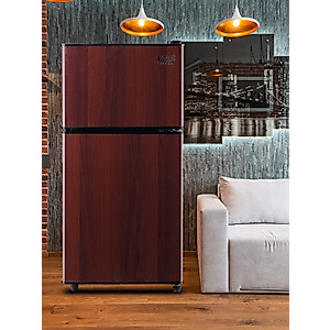 KRIB BLING Refrigerator with Freezer 3.5 Cu.Ft with 7 Level Adjustable Thermostat Control 2 Door Energy Saving Top-Freezer Compact Refrigerator Wood