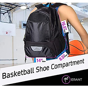 ERANT Basketball Backpack - Extra Large Sports Bag with Separate Ball and Shoe Compartment - Durable Design - Suitable for Boys and Girls - Black