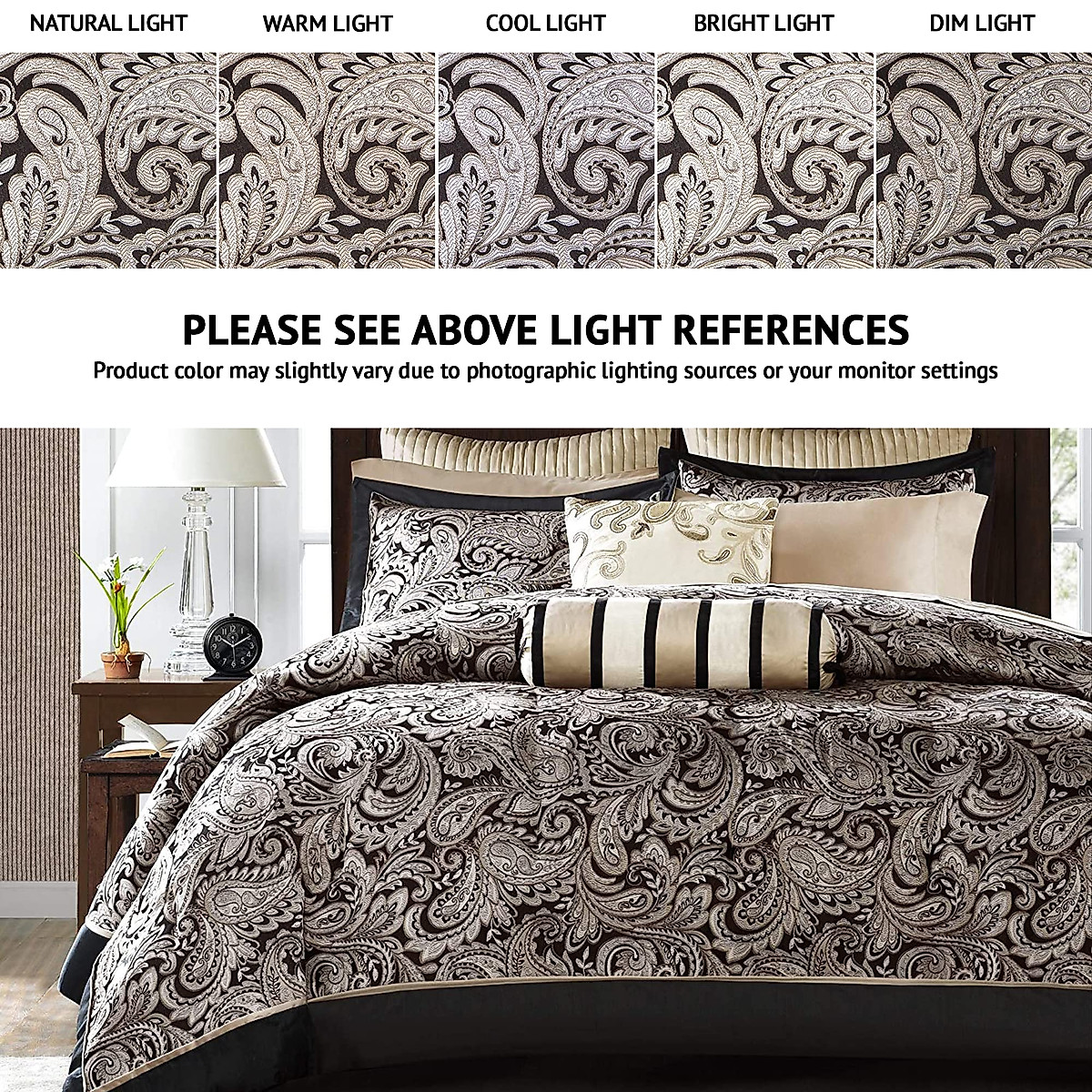 Madison Park Aubrey Cozy Comforter Set, Faux Silk Jacquard Paisley Design - All Season Down Alternative Bedding with Cotton Bed Sheets, Bed Skirt & Toss Pillows, King Black 12 Piece