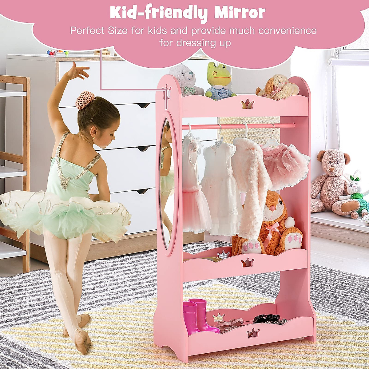 Costzon Kids Dress up Storage Wardrobe, Toddler Armoire Dresser Wardrobe w/Mirror & Cloth Hanger, Cute Crown Patterns, Pretend Costume Closet Toy Organizer, Perfect for Kids Bedroom, Playroom (Pink)