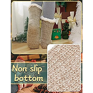 Fuzzy Slipper Socks for Women Fluffy Cozy Cabin Fleece Winter Warm Plush Home Thick Comfy Grips Non Slip Socks Christmas Gift Stocking Stuffer（Knit- Beige）