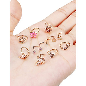 Goerhsjie 20g Nose Rings Hoops Studs Piercings Jewelry for Women Men Surgical Stainless Steel Rose Gold l Shaped Shape Bar Stuf 20 Gauge Hypoallergenic Butterfly Nostril Aretes para La Nariz