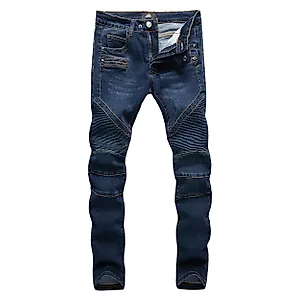 ZLZ Blue Biker Jeans for Men Slim Fit, Men's Comfy Stretch Ripped Distressed Biker Jeans Pants Rock, Designer Jeans, Size 34
