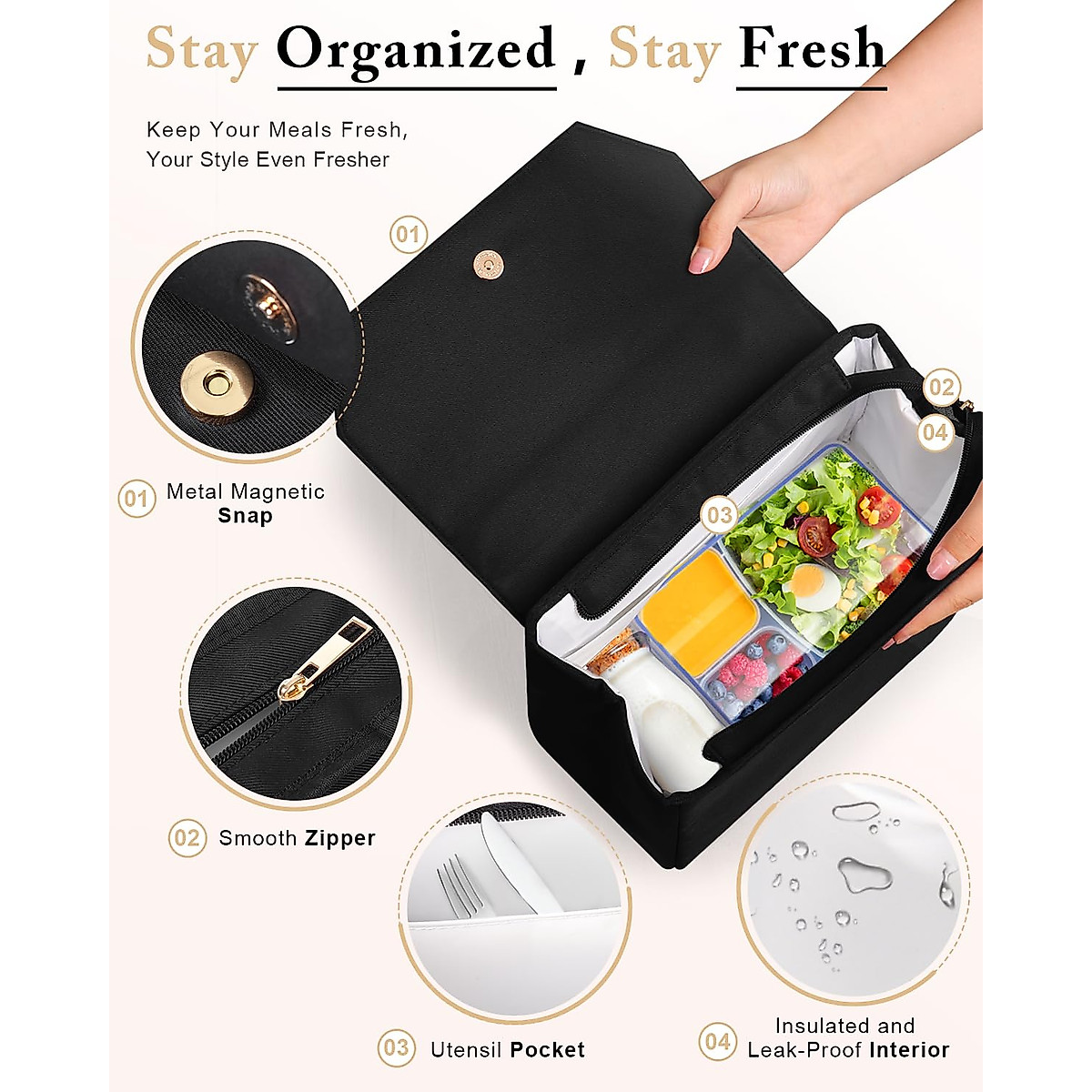 Luxury Lunch Bag Women - Adult Fashion Stylish Vegan Leather Insulated Leakproof Lunch Box for Work - 2024 Newest Christmas Gifts for Women