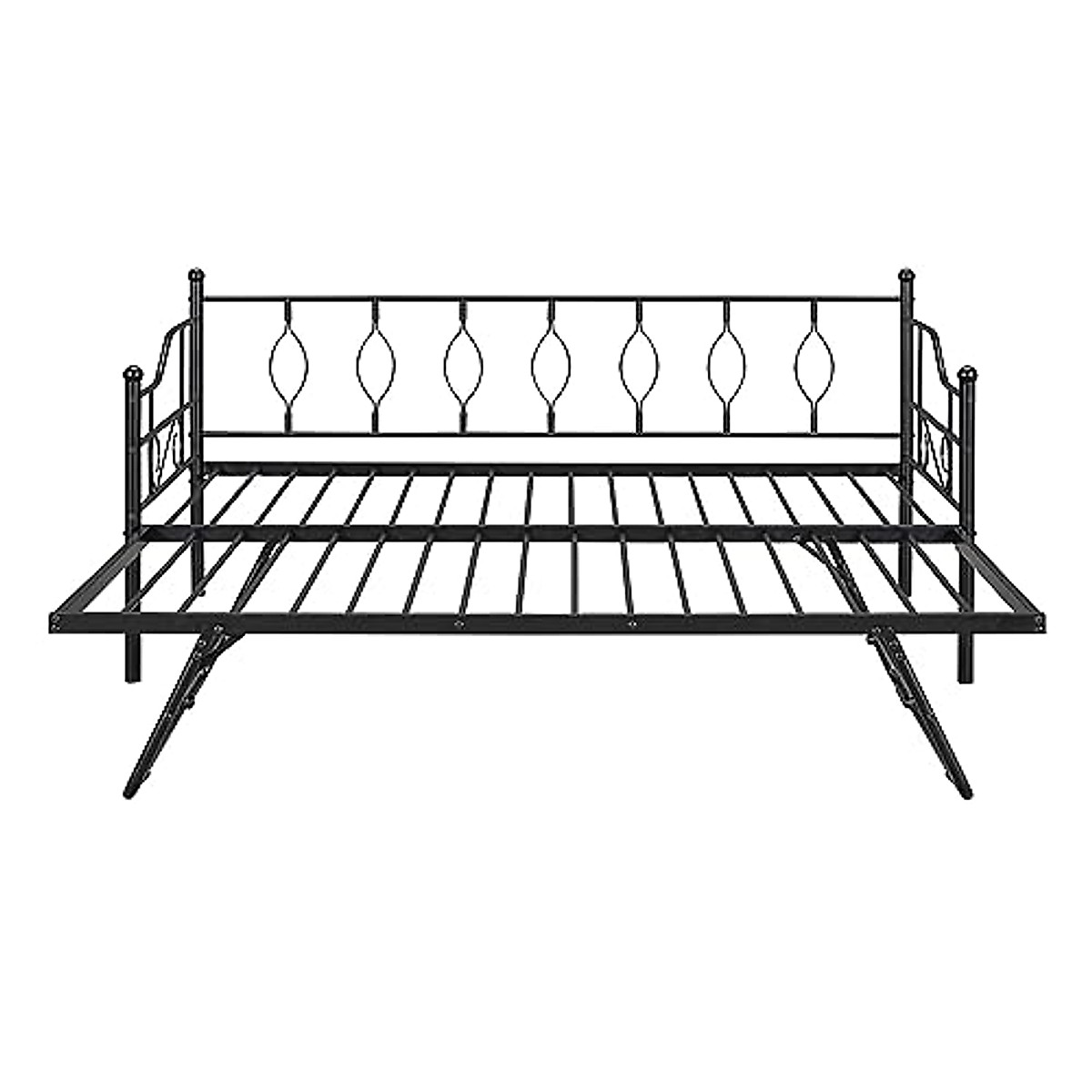 RORIGAT Twin Daybed with Trundle, Metal Day Bed with Adjustable Trundle, Twin to King Daybed with Portable Folding Trundle for Kids Teens Adults, Heavy Duty Steel Slat Support, Black