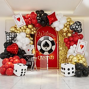 WOZOZOW Casino Theme Party Decorations, Las Vegas Themed Party Decorations, Casino Balloons Arch, Casino Night Poker Birthday Party Decorations, White Red Black Metallic Gold Balloons Arch Kit