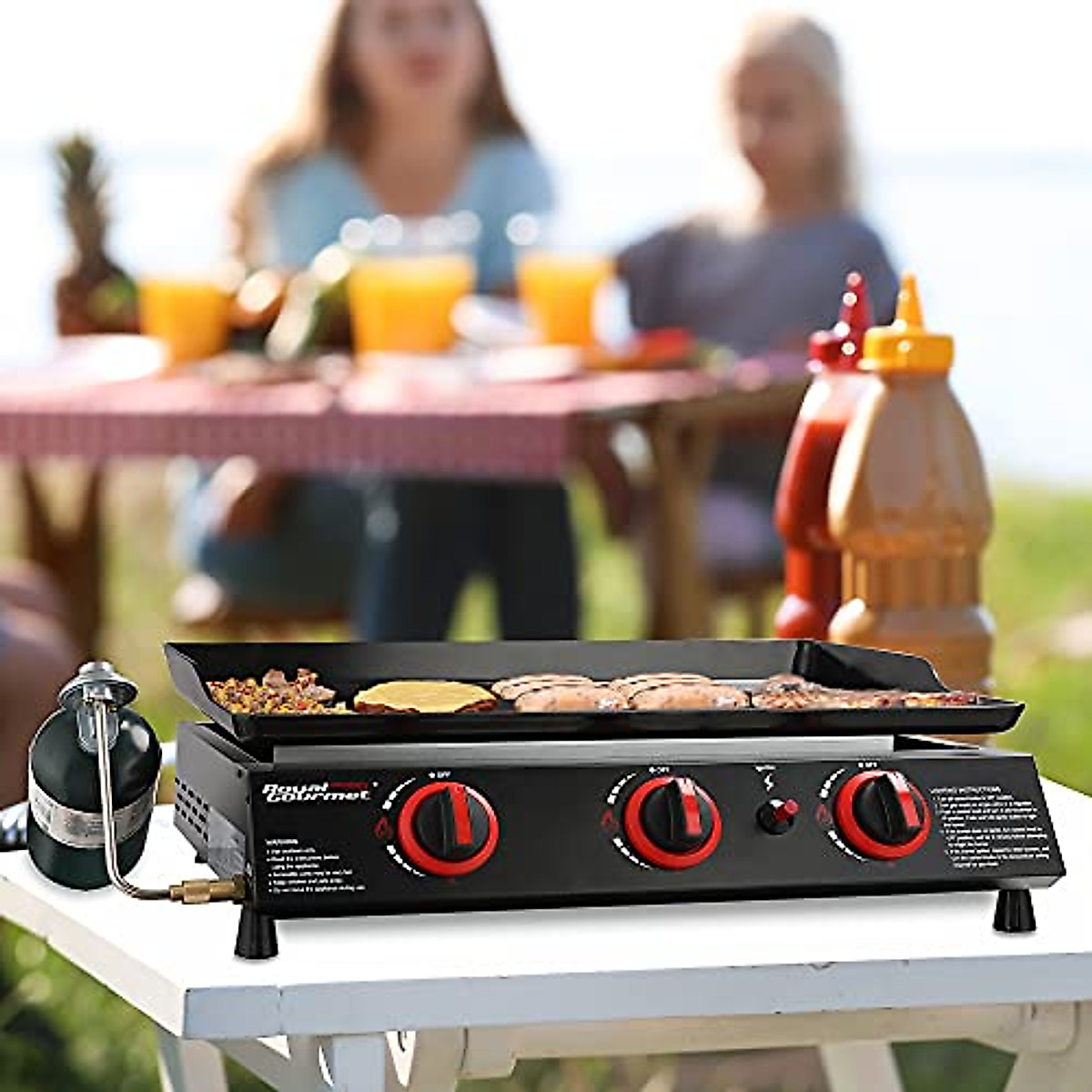 Royal Gourmet PD1303A 24-Inch 3-Burner Portable Tabletop Griddle, 24,000 BTU Propane Gas Grill Tabletop Usa for Patio, Deck, Backyard, Tailgating, Camping and Picnic, Black