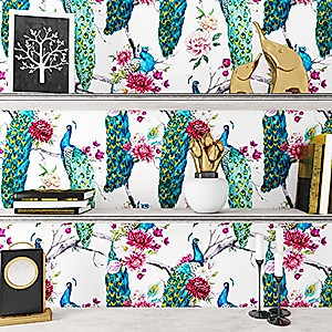 ReWallpaper Vintage Peal and Stick Peacock Wallpaper Blue/Green/Teal Flower Tree Wall Paper Self Adhesive 17.5in X 10ft Removable Wallpaper Peel and Stick Contact Paper Wall Mural for Bathroom Bedroom
