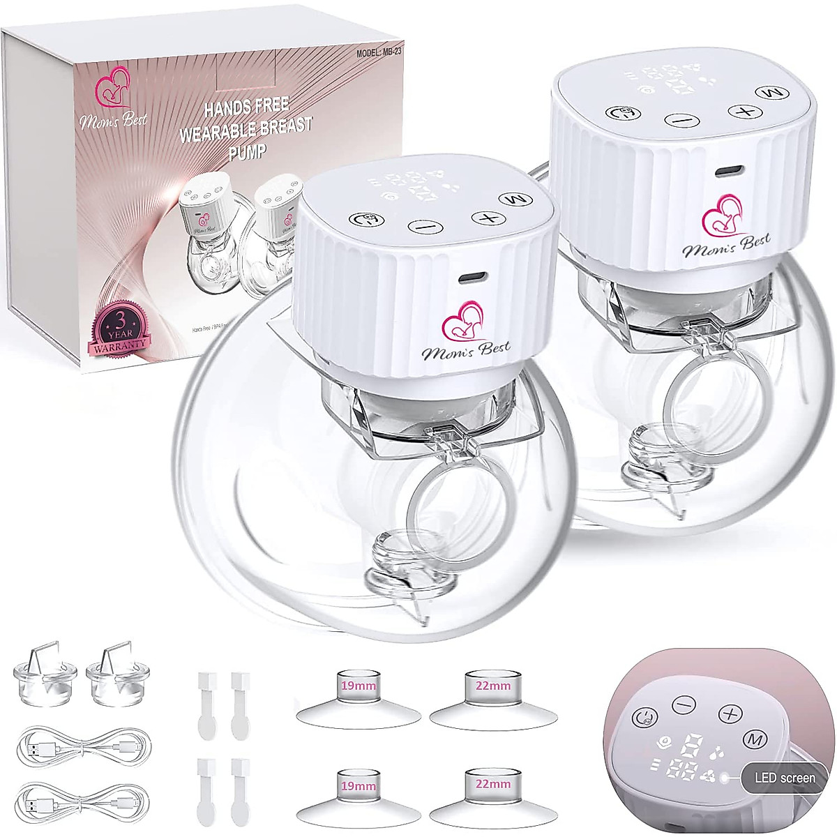 Mom's Best Wearable Hands-Free Double Electric Breast Pump | Quite | BPA Free Silicone | LCD Display | 3 Modes 9 Levels of Suction | 3 Flange Sizes | Type C Charging | Breastfeeding Essentials |2 pack