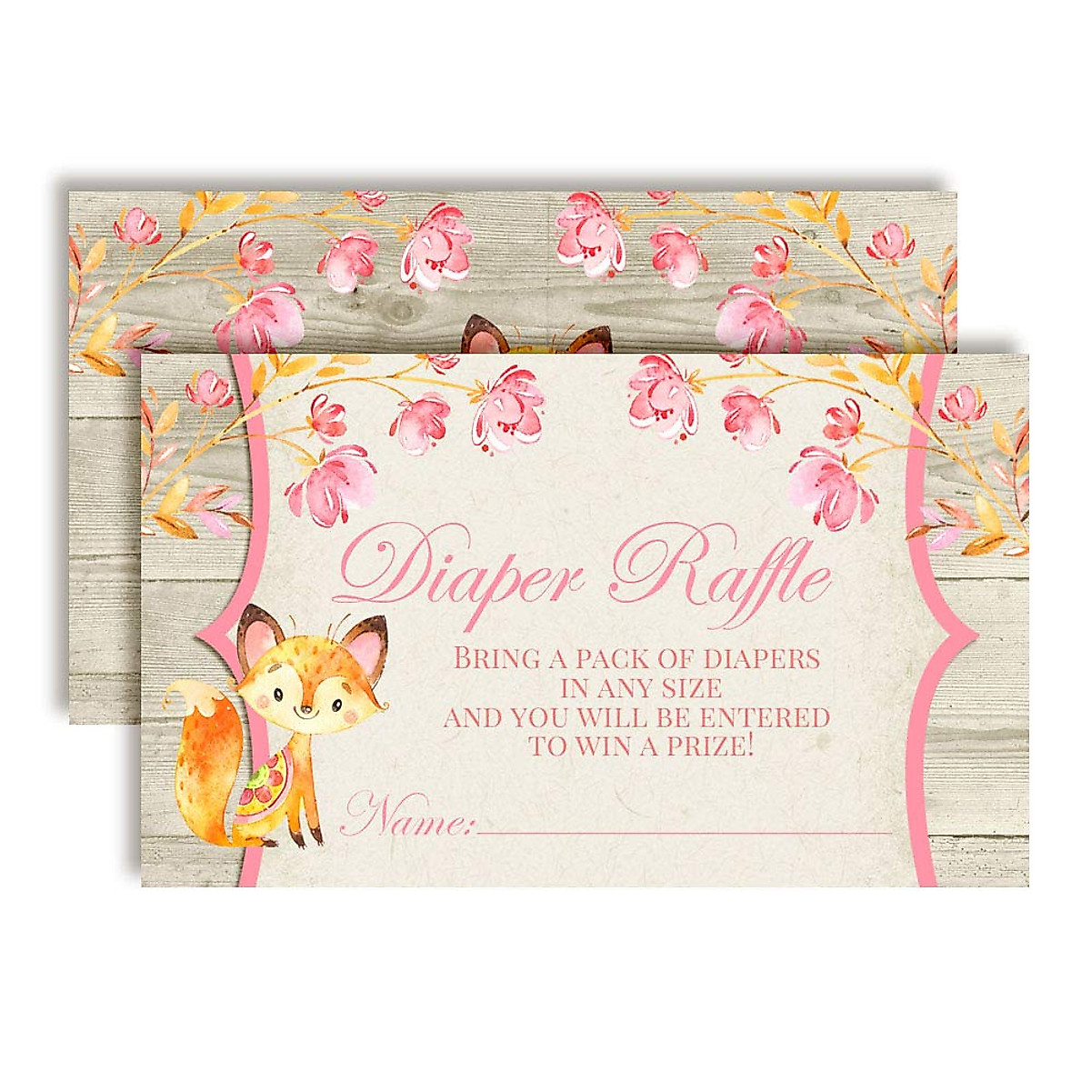 Amanda Creation Watercolor Floral Woodland Fox-Themed Diaper Raffle Tickets for Girl Baby Showers, 20 2" X 3” Double Sided Inserts, Bring a Pack of Diapers to Win Favors & Prizes!