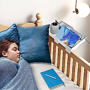 JUMEIHUI Folding Bedside Shelf for Bed College Dorm,Bunk Bed Shelf for Top Bunk,Bed Shelf Organizer with Cup Holder,Bed Accessories,Bedside Organizer for Phones,Kindle,Book,Remote,CPAP(White)