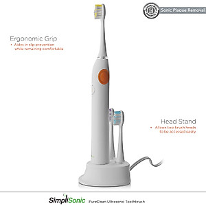 SimpliSonic Ultrasonic Rechargeable Electric Toothbrush Premium Package w/ 12 Heads (White)