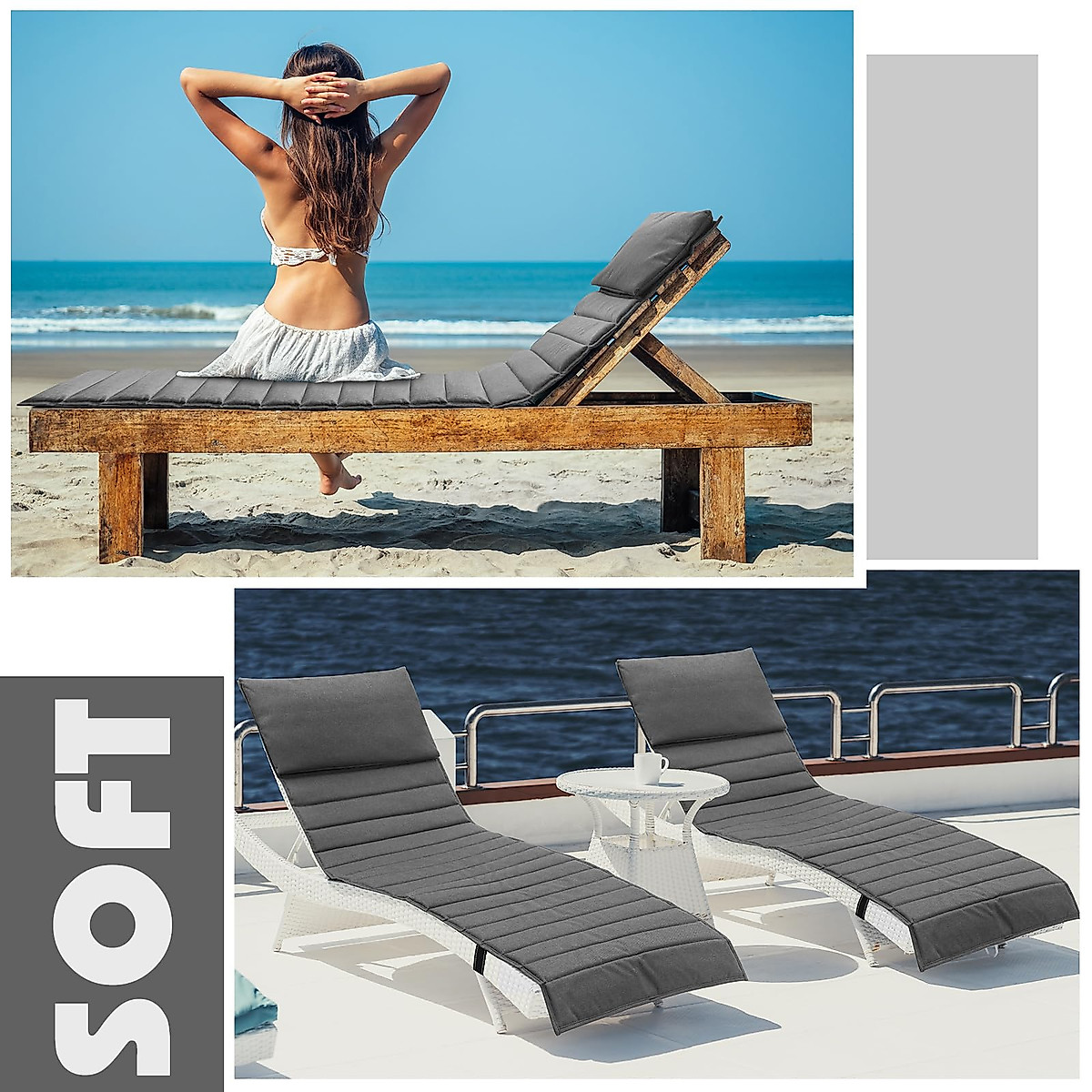 Hoolerry 2Pcs Folding Chaise Lounge Cushion Outdoor 72'' x 21'' Waterproof Lounge Chair Cushion Sofa Lawn Lounge Cushion with Headrest and Pocket Patio Recliner Cushion for Pool, No Chair (Grey)