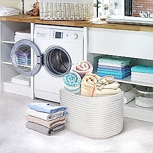 Andhuhu Storage Basket Set of 3, Soft Woven Basket 13"x8.66"x7.87", Blanket Basket Living Room Towel Basket, Cotton Rope Basket With Handles, Cloth Storage Bins for Organizing Nursery Toys, White