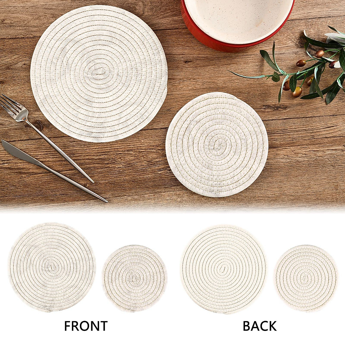 Pot Holders Trivets Set Pure Cotton Potholders Set, Hot Pads Set of 2, White Rose Hot Pot Trivets One 9.45 Inch and One 7 Inch