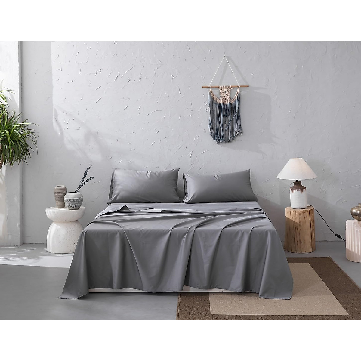 ECLEC Cotton Sateen Sheet Set, 400 Thread Count, 4-Pieces, Cal King Size, Deep Pocket, Dark Grey