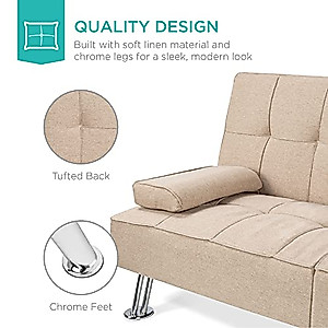 Best Choice Products Linen Upholstered Modern Convertible Folding Futon Sofa Bed for Compact Living Space, Apartment, Dorm, Bonus Room w/Removable Armrests, Metal Legs, 2 Cupholders - Beige