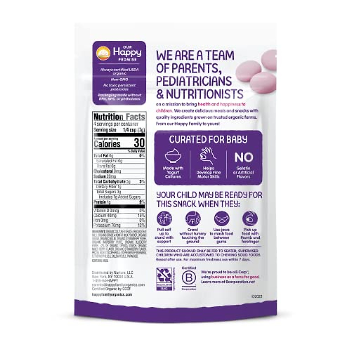 Happy Baby Organics Baby Snacks, Yogis, Freeze Dried Yogurt & Fruit Snacks, Gluten Free Snack for Babies 9+ Months, Mixed Berry, 1 Ounce (Pack of 1)