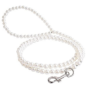 Cdycam 120cm 4ft Custom Pearls Beaded Pet Dog Cat Training Walking Leash with Elegant White Peal Dog Collar