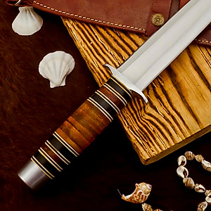 Custom Handmade Damascus Steel 17 Inches Outdoor Survival Fixed Blade Knife, Double Edged Serrated Dagger Leather Wood Handle, Leather Sheath Included