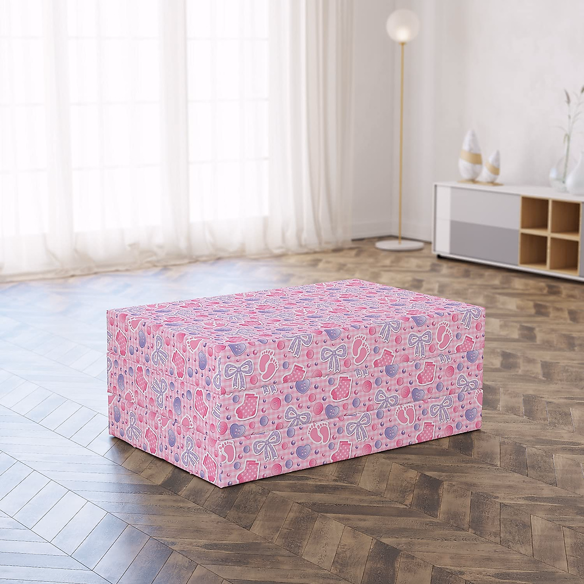 Ambesonne Cartoon Foldable Mattress, Bows and Buttons Ribbon, 74.8" x 39.4", Pale Pink and Mauve