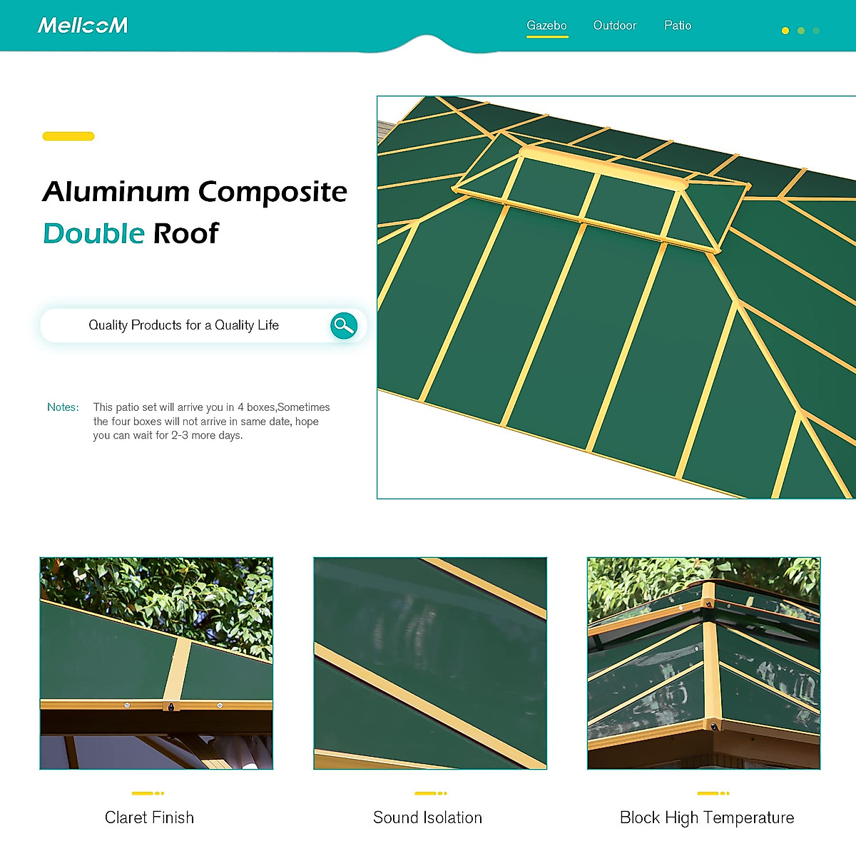 MELLCOM 12' x 16' Hardtop Gazebo, Wooden Grain Coated Aluminum Frame Outdoor Gazebo with Aluminum Double Roof, Claret Metal Gazebo with Curtains and Nettings for Patios, Gardens, Lawns