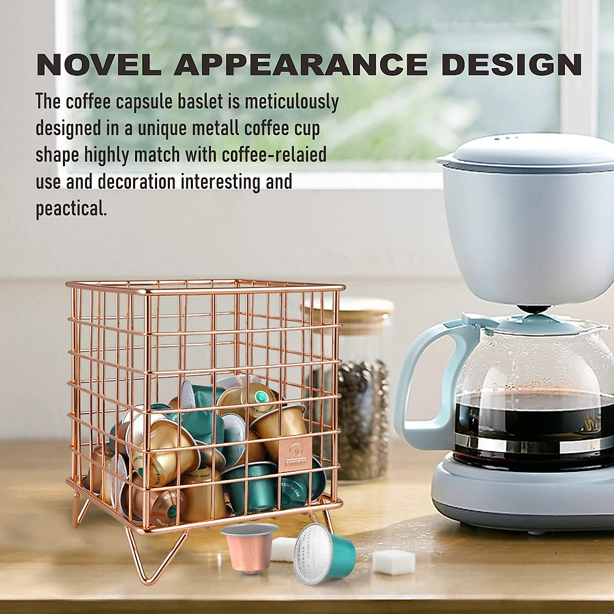 JENNIMER Coffee Pod Basket, K Cup Coffee Pod Holder,Coffee Capsule Cages, Kitchen Counter Storage Baskets (Rose Gold)