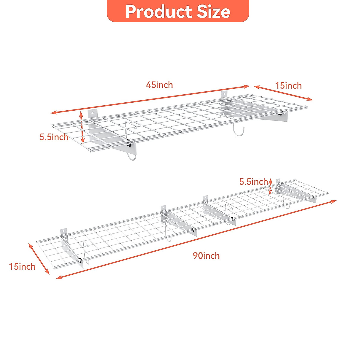 TORACK 2 Pack Garage Storage System Shelves, 15" x 45" Wall Mounted Wire Shelves for Storage Heavy Duty Garage Wall Shelving(Pack of 2, White)