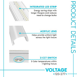 LUXRITE 4FT LED Strip Light Fixture, 34W/38W/45W Adjustable, Up to 5940 Lumens, 3 Color Selectable 3500K-5000K, Linear Shop Light, 0-10V Dimmable, Damp Rated, UL Listed - Garage, Workshop