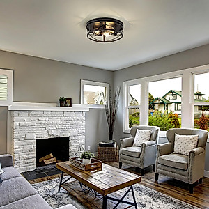 VIOLOEMI Farmhouse Light Fixtures, Black Round Metal Flush Mount Ceiling Light, 3-Light Cage Ceiling Lamp for Kitchen, Foyer, Bedroom, Hallway（Bulbs Not Included）