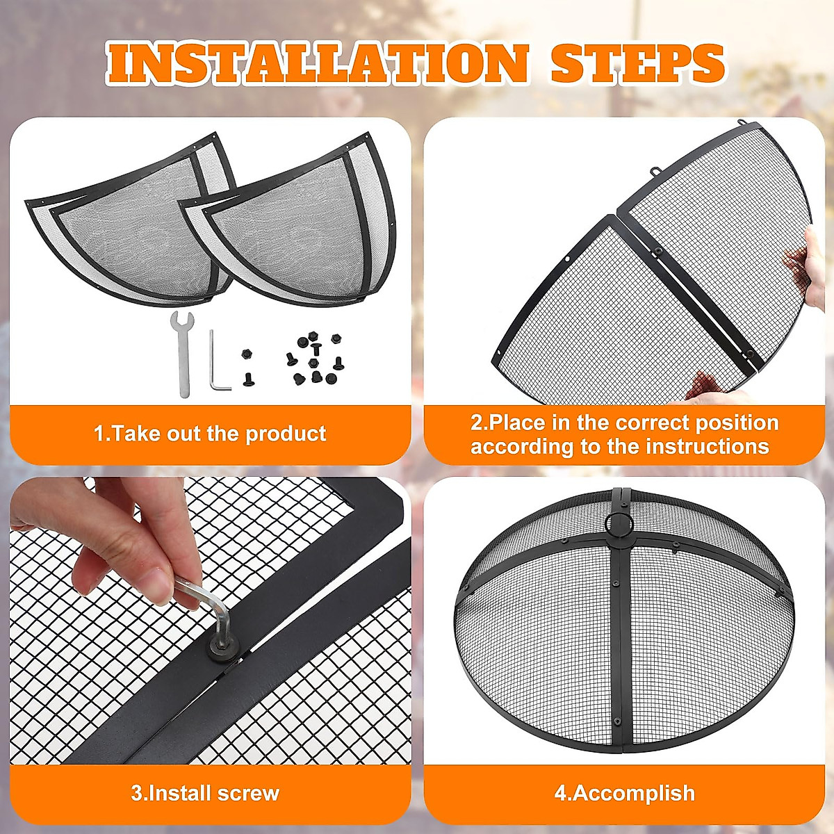 Suzile 22 Inch Heavy Duty Fire Pit Spark Screen Round Mesh Fire Pit Cover Fire Pit Lid Fire Pit Mesh Screen with Handle and Lifter Tool for Outdoor Firepit Stove Fireplace (Black)