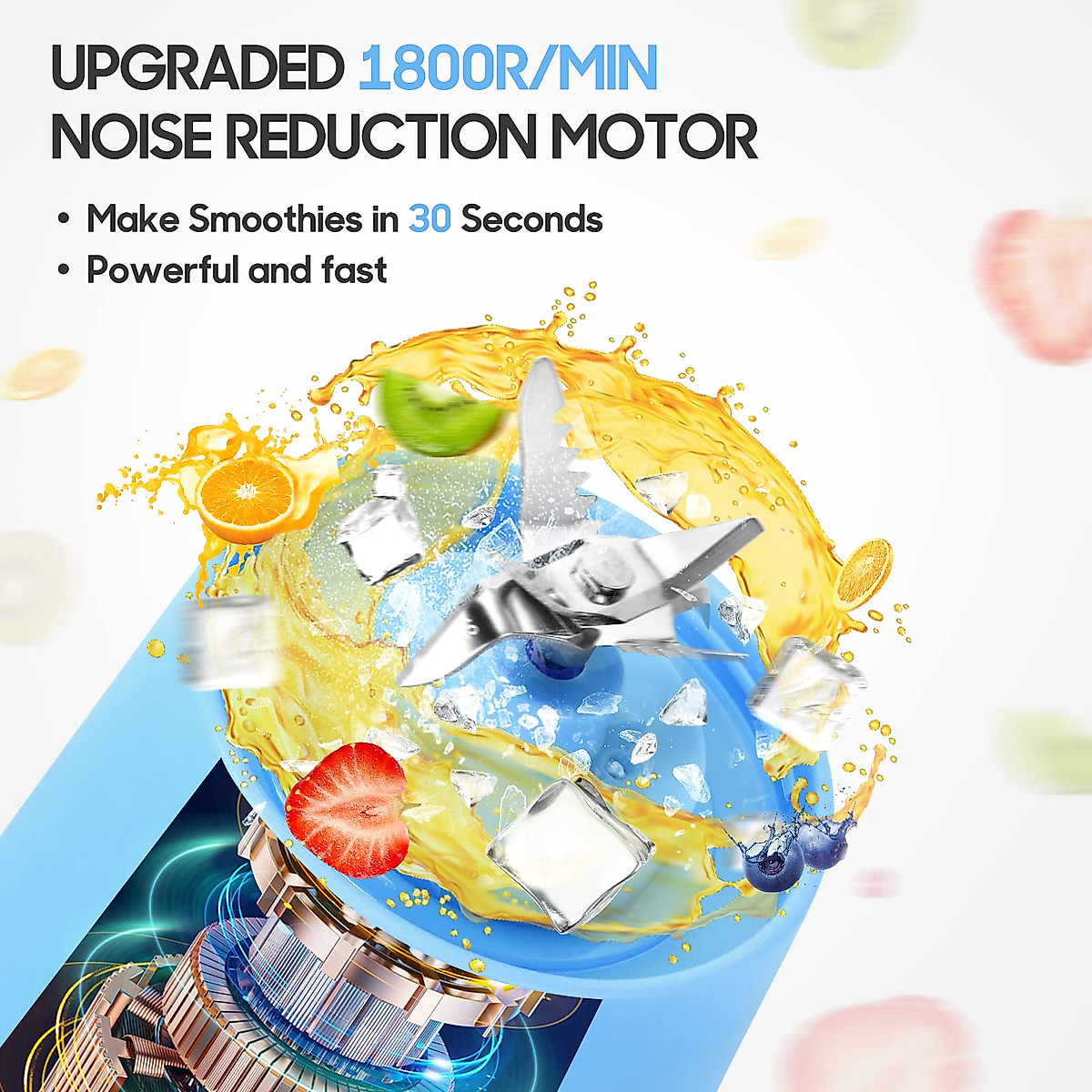 Spardar Portable Blender for Shakes and Smoothies, 4000mAh Personal Blender with 6 Blades, USB Rechargeable Blender Bottles Electric, Mini Blender Cup Portable Juicer for Home Sports Outdoors (Blue)