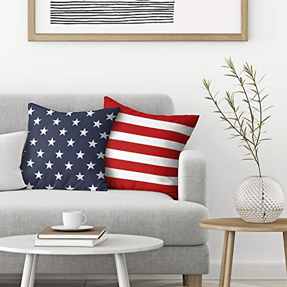 Gohdiwh 4th of July Throw Pillow Cover, 20x20 Inch Set of 2 Red Stripes Blue Stars Patriotic Decorative Outdoor Cushion Cover Memorial Independence Day Pillow Cases Linen Farmhouse for Sofa Couch Bed
