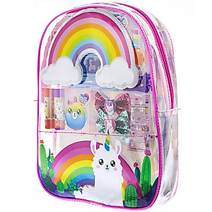 Townley Girl No Drama Llama Makeup Filled backpack Set with 10 Pcs, Including Lip Gloss, Lip Balm, Nail Polish, Nail Stickers, Hair Bows, Flip Up Mirror and More, Ages 3+