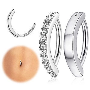 FIASASO 2Pcs 14G Simple Clicker Silver Belly Button Ring for Women Surgical Steel Silver CZ Belly Ring Simple Reverse Navel Rings Body Jewelry Color: silver 12mm