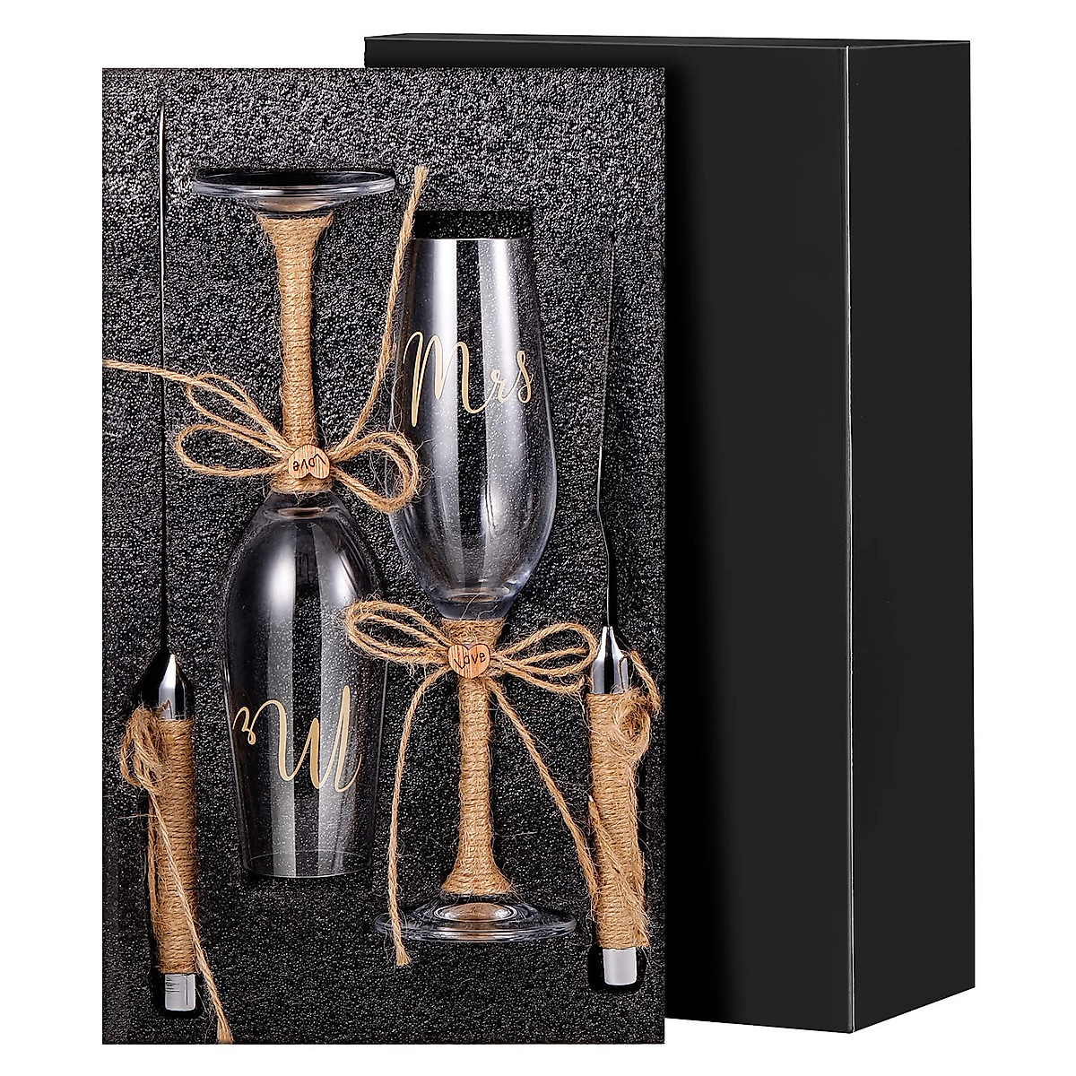 4 Piece Wedding Toasting Flutes and Cake Server Set Wedding Reception Supplies Champagne Glasses Cake Knife Pie Server (Burlap Bow)