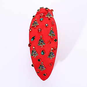 Jeweled Christmas Tree Headband with Embellished Crystals and Pearls - Wide Top Knot Knotted Headbands for Women, Holiday Hair Accessories and Outfits Gift