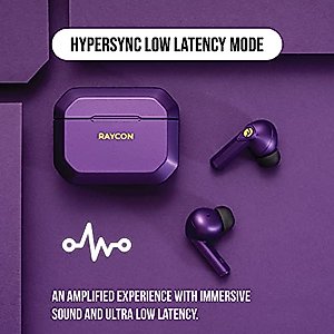 Raycon The Gaming Bluetooth True Wireless Earbuds with Built in Mic, Low Latency, 31 Hours of Battery, Charging Case with Talk, Text, and Play, Bluetooth 5.0 (Digital Purple)