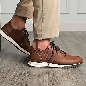 VELEZ 10.5 Mens Brown Business Casual Sneakers + Top Grain Leather Backpack for Men Brown Designer Bookbag Business Casual Shoulder Bag