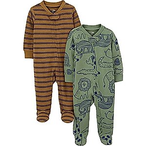 Simple Joys by Carter's Baby Boys' 2-Way Zip Thermal Footed Sleep and Play, Pack of 2, Brown Double Stripe/Olive Forest Animals, 3-6 Months