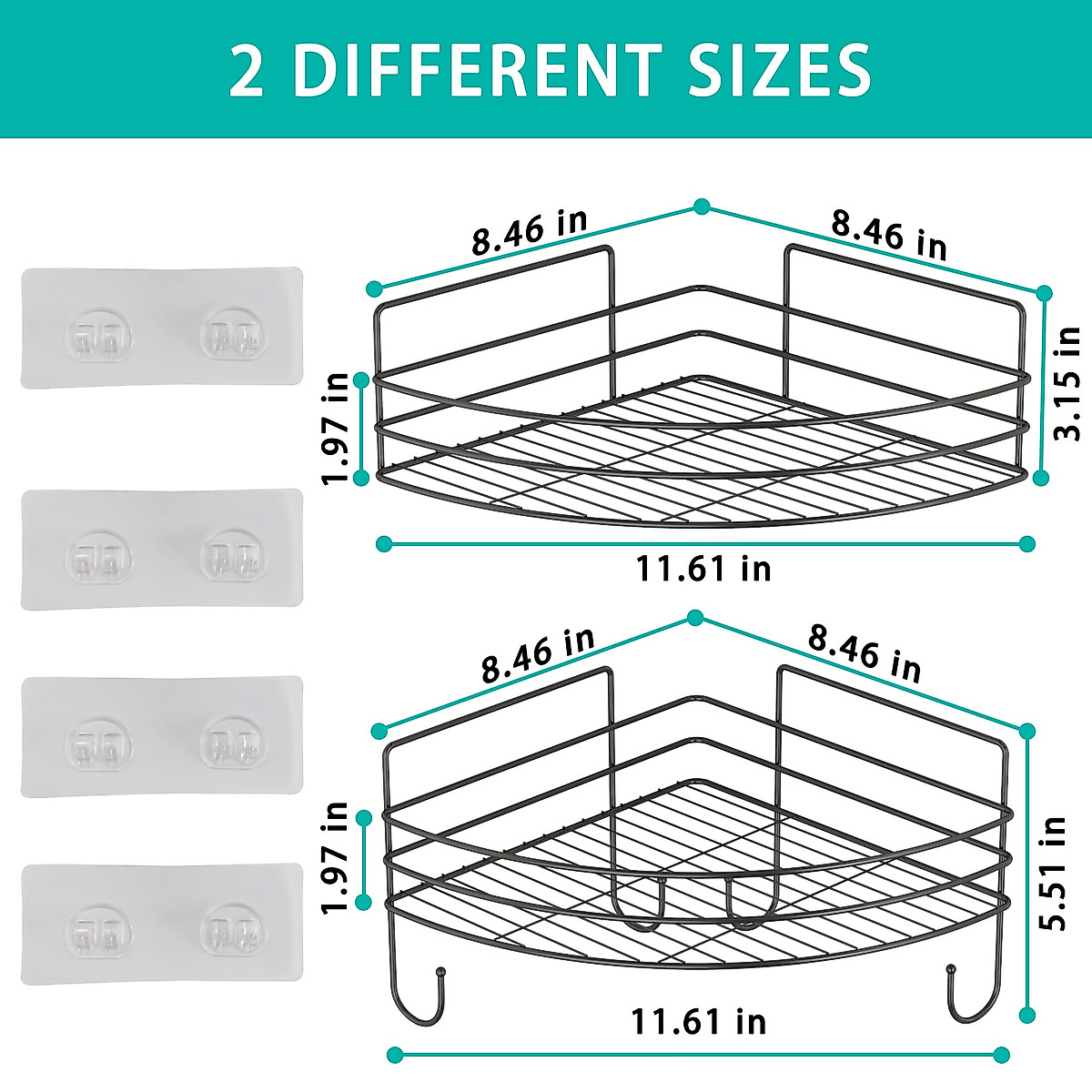 Corner Shower Shelves with 4 Hooks, 2-Tier Stainless Steel Bathroom Shower Organizers, Wall Mounted Caddy Shelves No Drilling with Adhesive, Triangle Storage Shelf for Toilet, Dorm and Kitchen, Black