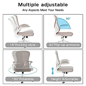 Hbada Ergonomic Office Chair with Up&Down Adjustable Lumbar Support and Flip Up Arm, Swivel Computer Desk Chair with Adjustable Height, Breathable Mesh Office Chair with PU Wheels, Gray