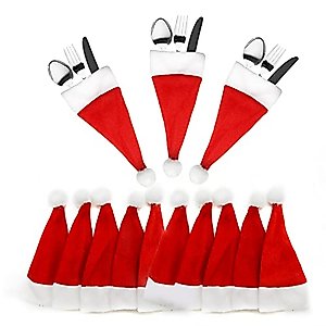GSD 32pcs Santa Tableware Holders Wine Bottle Cover Silverware Cutlery Decor for Christmas Dinner Table Decorations, (Red & White)