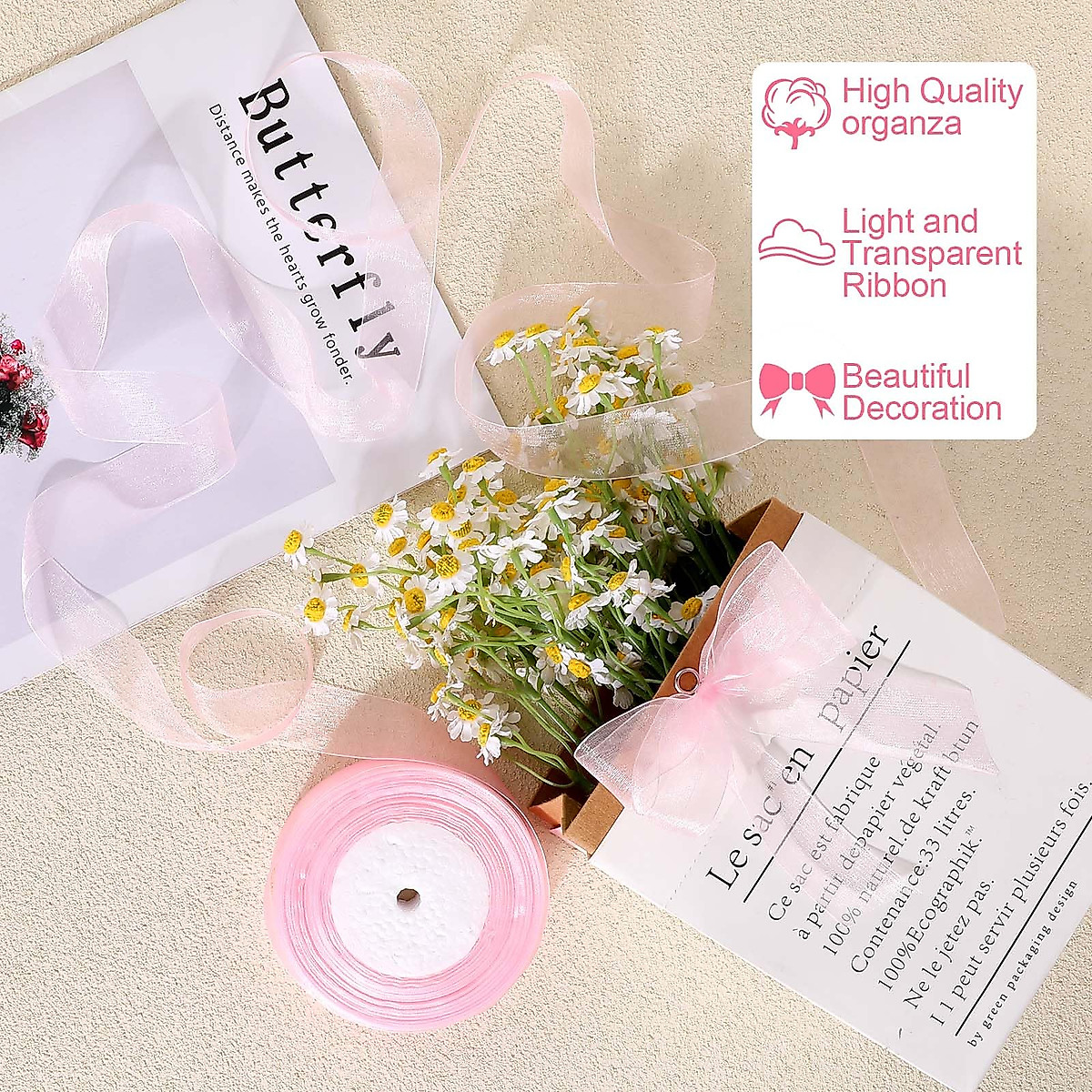 ZEYIYER Pink Ribbon, 1 Inch 50 Yards Sheer Organza Ribbon for Flower Bouquet, Pink Festival Gift Basket Chiffon Ribbon, Tulle Ribbon for Gift Wrapping Wedding Flower Party Home Decoration