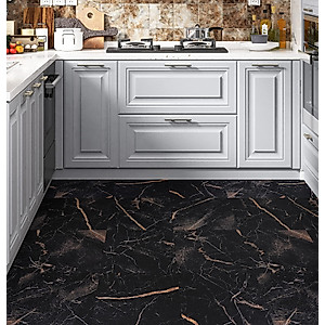 FunStick 30 Pack Black Marble Peel and Stick Floor Tile 12 x 12 Inch Waterproof Vinyl Flooring Peel and Stick Flooring Tiles Self Adhesive Floor Tile Stickers for Bathroom Kitchen Laundry Room Bedroom