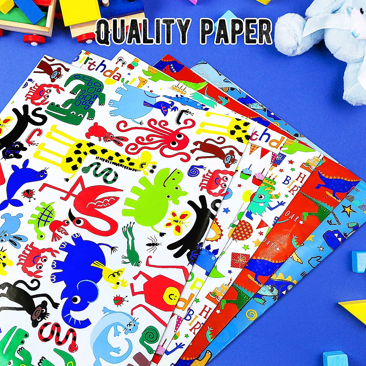 Kids Birthday Wrapping Paper for Boys Wrapping Paper Birthday Sheets-10 Pack Cute Animal Dinosaur Wrapping Paper for Boys,Toddlers,Girls,Children,Kids,Birthday,Baby Shower,Party,Dino Gift Wrapping Paper Kids for Present Wrapping Paper Birthday Boy-5 Style