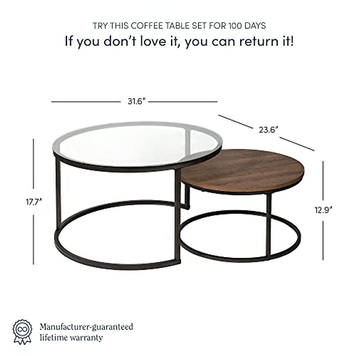 Nathan James Stella Round Modern Nesting Coffee Set of 2, Stacking Living Room Accent Tables, Rustic Oak/Gunmetal/Clear Glass