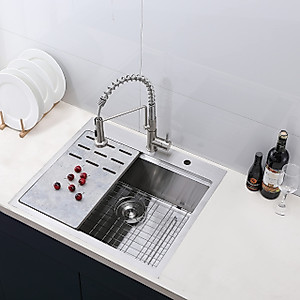 UFaucet 25×22 Drop in Kitchen Sink, 25 Inch Top Mount Stainless Steel Kitchen Sink, Modern Commercial Workstation Single Bowl Laundry Utility RV Sink with Accessories