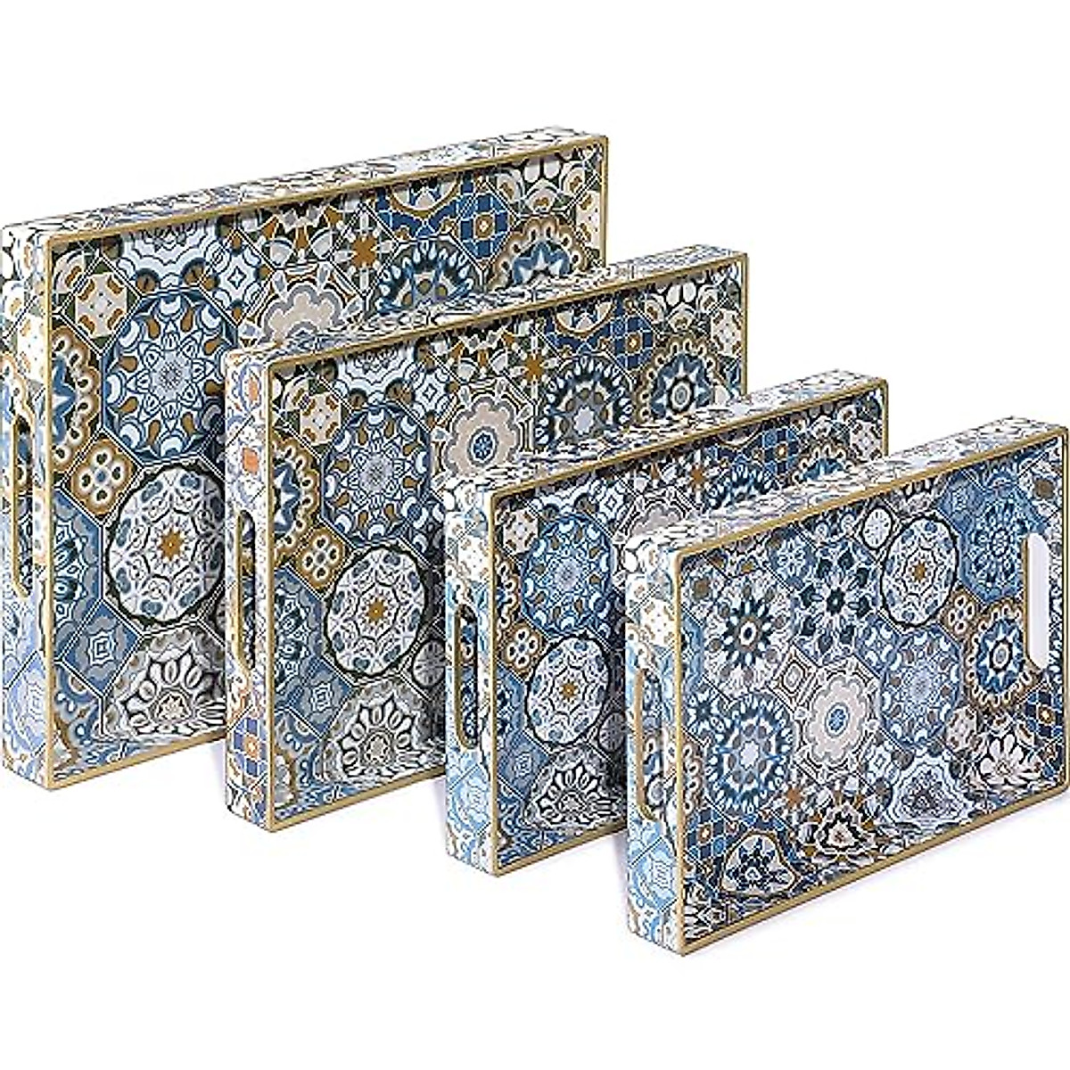 Dandat 4 Pcs Serving Tray with Handle Boho Coffee Table Tray Blue Plastic Ottoman Decorative Trays for Home Coffee Table Halloween Christmas Living Room Kitchen Bathroom, 3 Sizes