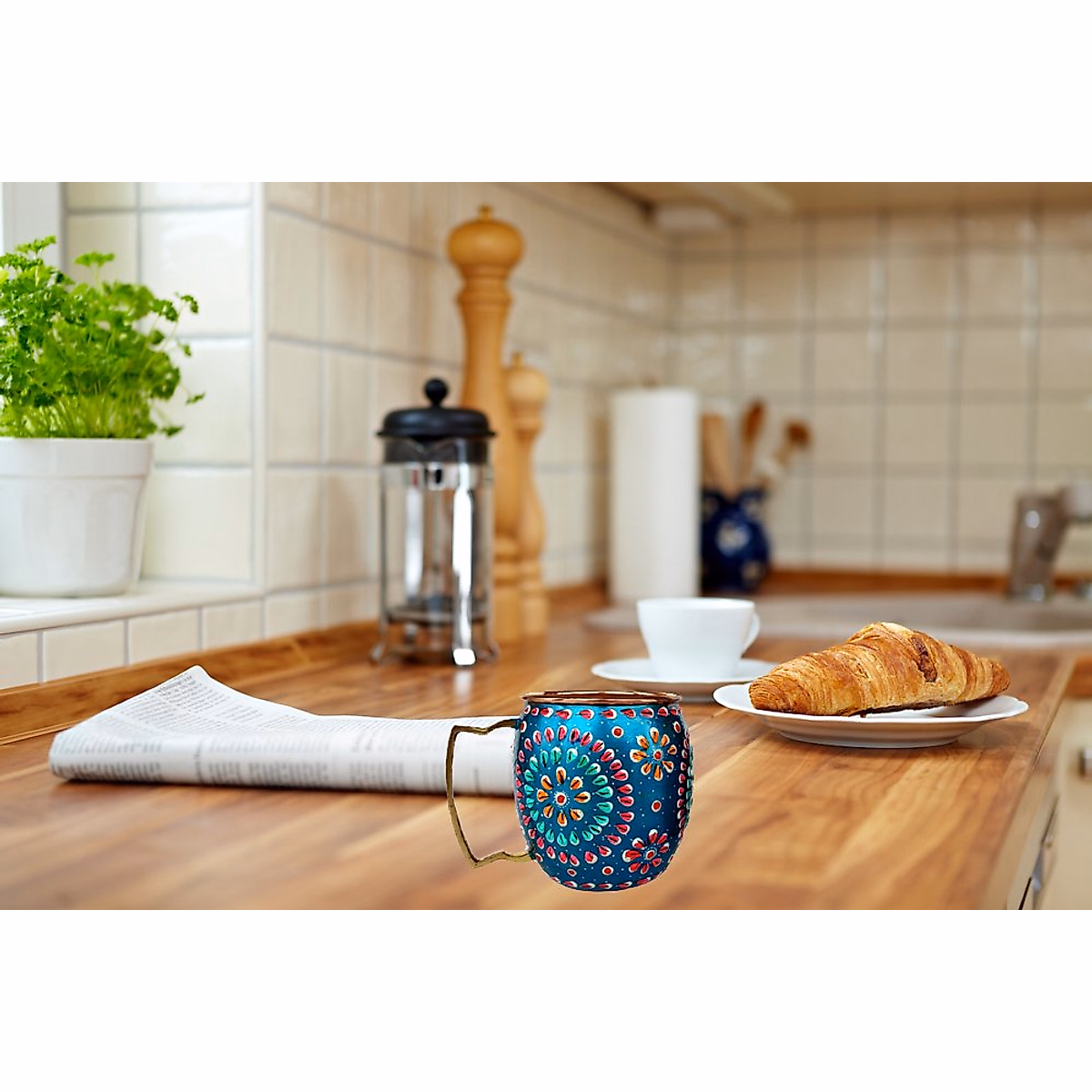 Rastogi Handicrafts Handmade Pure Copper Outer Hand Painted Art Work Wine, Vodka, Beer,Cocktail,Juice, Cold Coffee Mug - Cup 16 oz (2)